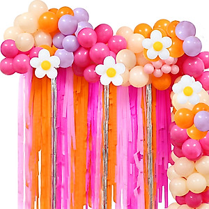 Pink Orange Groovy Balloon Arch Fringe Backdrop, Daisy Balloon Garland Arch Kit, Groovy Streamers for Flower Groovy Birthday Baby Shower Wedding Bachelorette Groovy Party Decorations