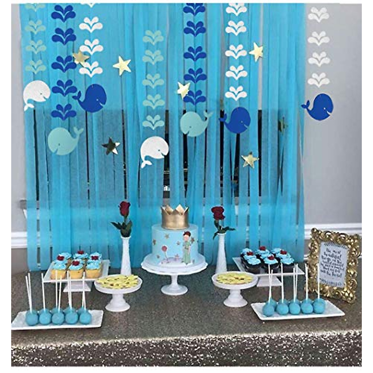 Blue Whale Hanging Paper Decoration (6pcs) - Ocean Theme Hanging Paper Party Streamers for Kids Bedroom Decoration, Ocean Sea Life Ceiling Paper for Baby Shower Party Supplies