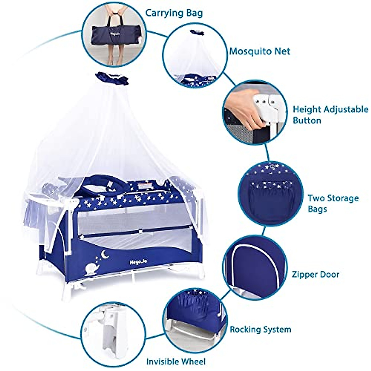 Heyo.Ja Double Layer Baby Playard, 5 Height Adjustable Crib,Changing Diaper Rack,Foldable Bassinet Bed with Luxury Mosquito Net,Starry Sky Fence,Two Toys Bag,Wheels & Brake, Carry Bag (Navy)