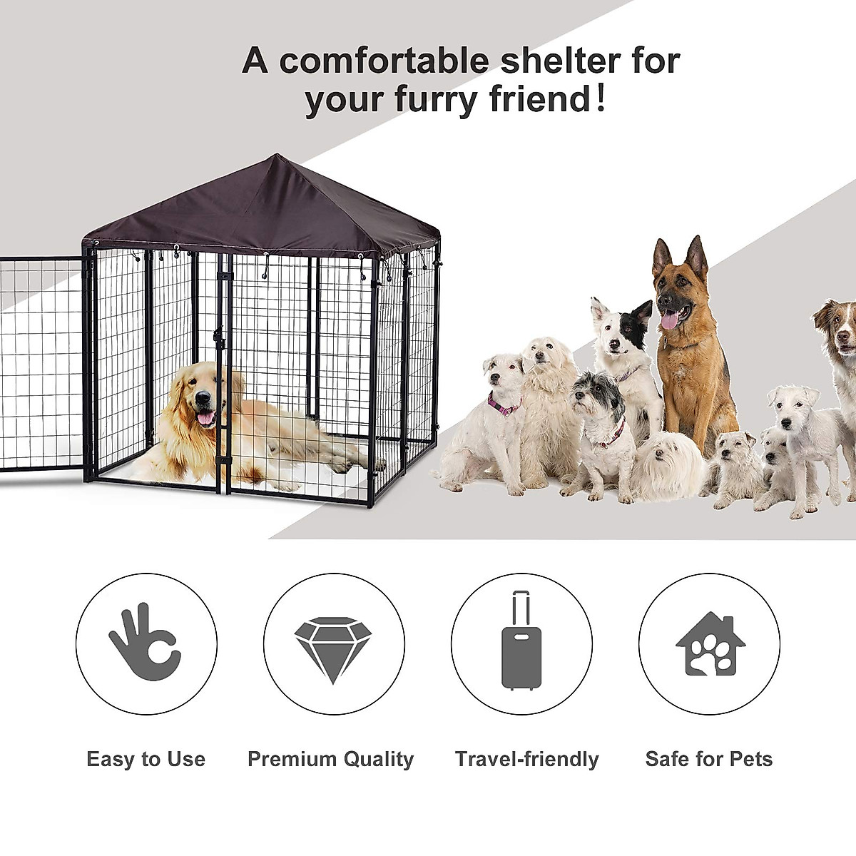 PawHut 5' x 5' x 5' Dog Kennel Outdoor, Walk-in Pet Playpen, Welded Wire Steel Dog Fence with Water-and UV-Resistant Canopy, Jet Black