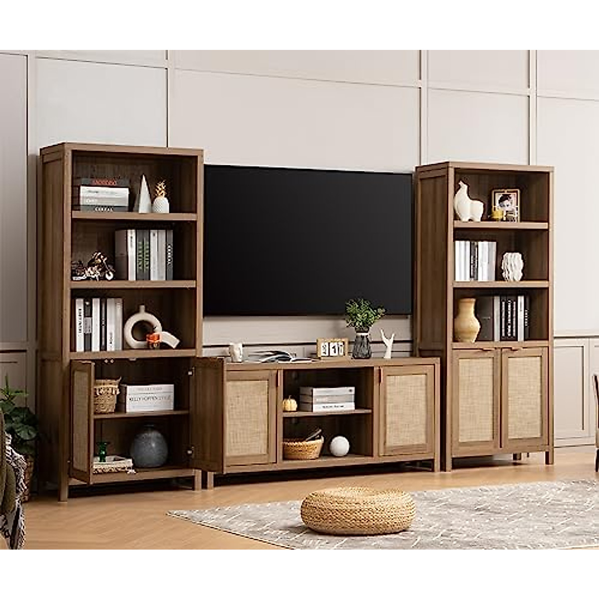 SICOTAS Rattan TV Stand for 65 Inch TV: 26" Tall TV Console with Storage Cabinet and Adjustable Shelf, 59" Boho Entertainment Center, Media Console, Modern Wood TV Stands for Living Room, Bedroom, Oak