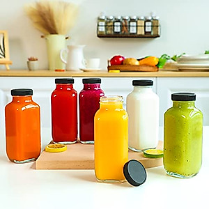 Moretoes 6 Pack 16oz Glass Juice Bottles with Lids Reusable Glass Square Beverages Drinking Jars with Tamper-proof Black Caps for Travel Milk Water Tea Honey Kombucha Smoothie Boba