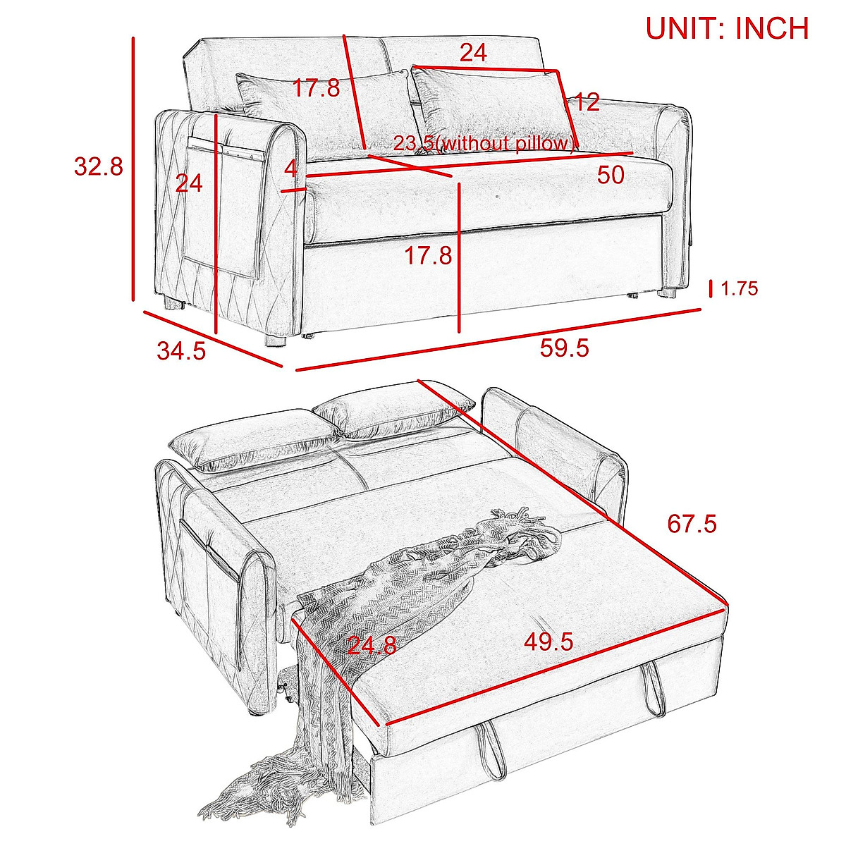 Monkey Patio 59.5 Inches Modern Velvet Loveseat with Pull-Out Convertible Sleeper Sofa Bed, 2 Arm Pockets, 2 Pillows and Adjustable Backrest for Living Room, Grid Design Armrests (Black)
