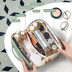 BYKASIST Travel Makeup Bag Large Capacity Cosmetic Bags for Women Portable Makeup Bag Opens Flat for Easy Access Travel Toiletry Bag Leather Waterproof Women Travel Cosmetic Bag Organizer, Green