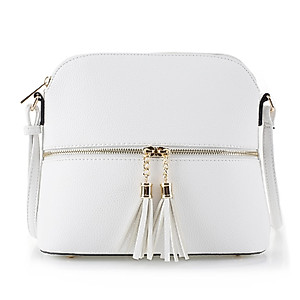 SG SUGU Lunar Lightweight Medium Dome Crossbody Bag Shoulder Bag with Double Tassels | Zipper Pocket | Adjustable Strap|White