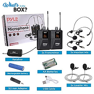 Pyle Dual UHF Microphone System - Portable Professional Cordless Microphone Set Wireless Mic Kit w/Headset / Lavalier Mic, Beltpack Transmitter, Receiver - Karaoke & Conference - Pyle PDWMU211,Black