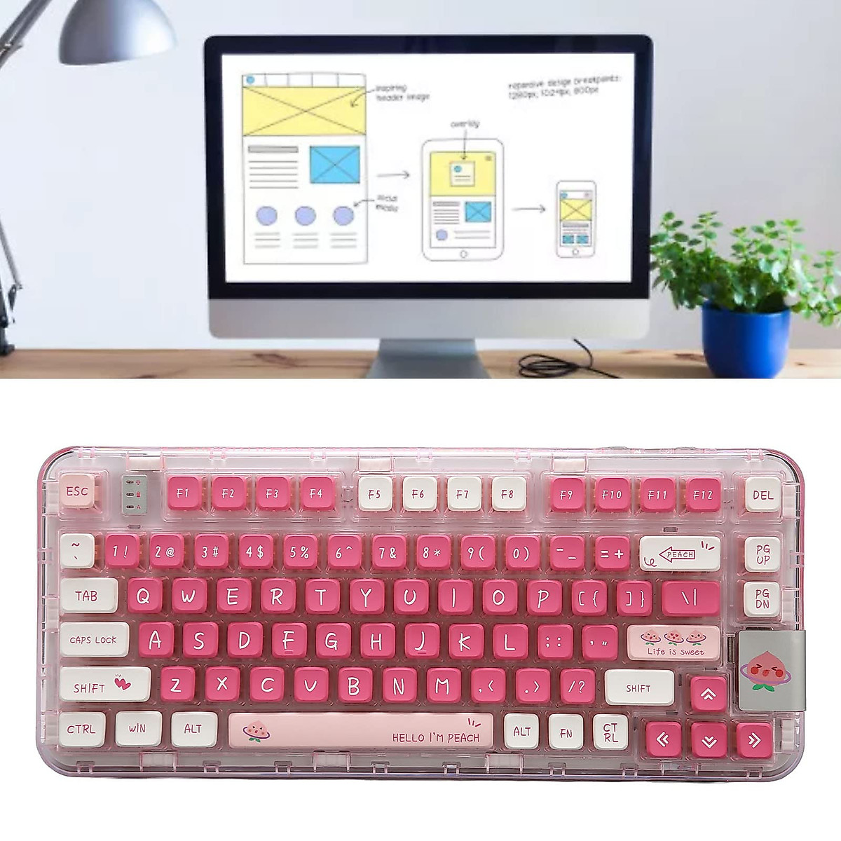 ASHATA Pink Mechanical Keyboard, Bluetooth Cute Keyboard, 2.4G Wireless Type C Wired Gaming Keyboard with RGB Backlight for iOS for Windows