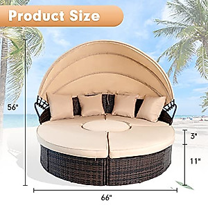 SUNCROWN Outdoor Patio Round Daybed with Retractable Canopy, Brown Wicker Furniture Sectional Couch with Washable Cushions, Backyard, Porch