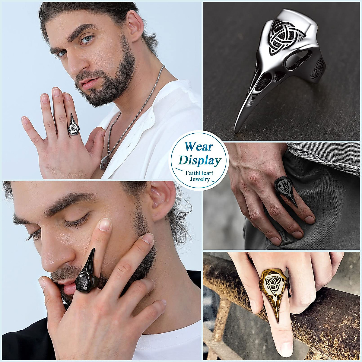 FaithHeart Mens Skull Rings Size 9 Black Stainless Steel Punk Viking Jewelry for Male Retro Celtic Knot Raven Biker Pinky Ring