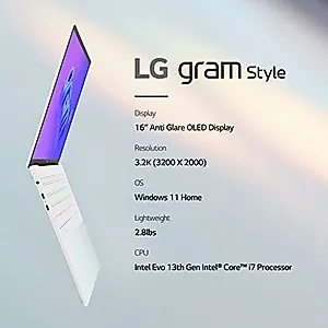 LG gram Style 16” OLED Laptop, Intel 13th Gen Core i7 Evo Platform, Windows 11 Home, 16GB RAM, 1TB SSD, Dynamic White