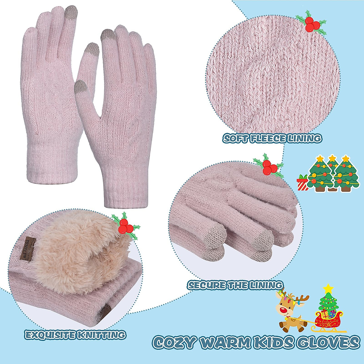 Winter Hat Gloves Scarf Set for Kids Earflap Beanie with Cute Pom Knit Girls Children Baby Toddler Pink Warm Wool Fleece Lining 6 7 8 9 10 Years Old