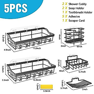 Cvtayn 5 Pack Shower Caddy, Strong Adhesive Shower Organizer No Drilling, Rustproof Bathroom Shower Shelves Large Capacity, Shower Shelf for Inside Shower Kitchen Storage, Black