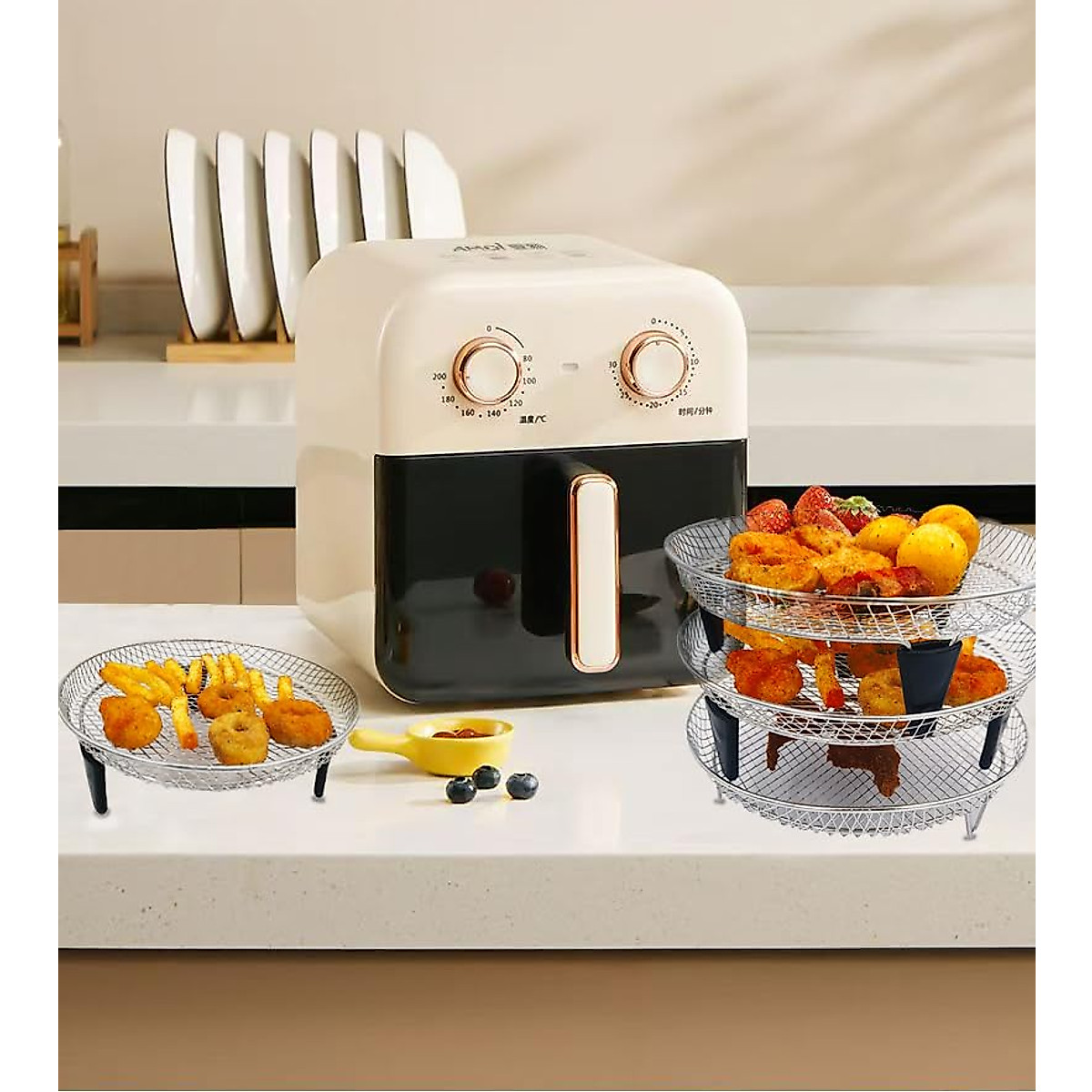 Air Fryer Racks, 3Pack Round Stackable Dehydrator Racks with Insulated Clamp and Brush Universal Stainless Steel Kitchen Air Fryer Accessories Fit all 5.0QT - 10.0QT Air fryer, 8inch