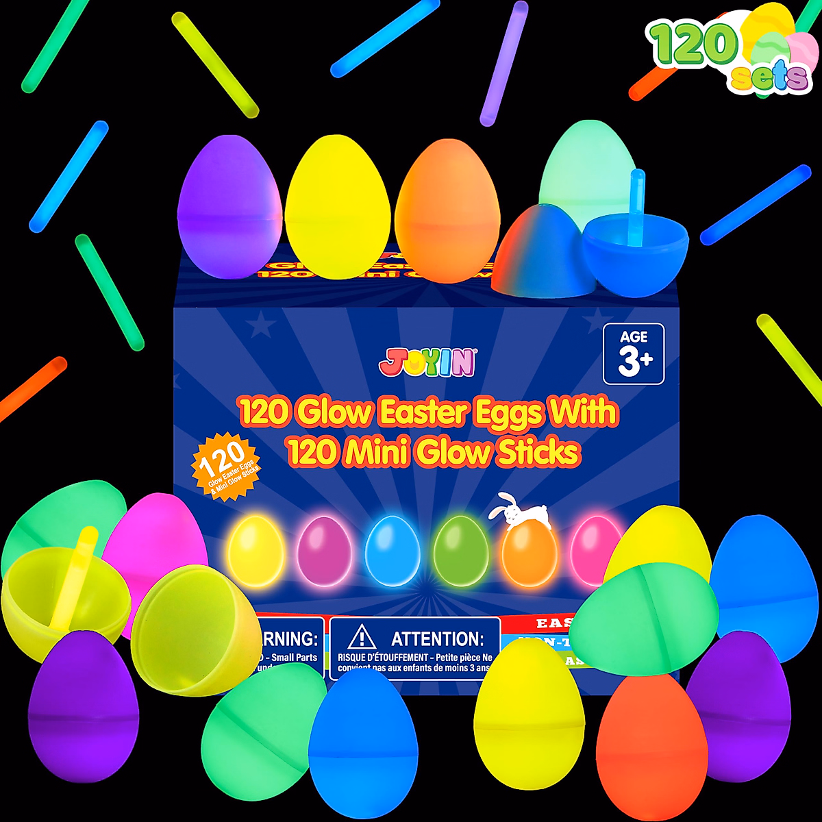 JOYIN 72 Pcs Easter Eggs with 72 Mini Glow Sticks for Kids Glow-In-The-Dark Basket Stuffers Fillers Gift, Easter Egg Hunt Game Party Favors Decorations Supplies, Classroom Prizes
