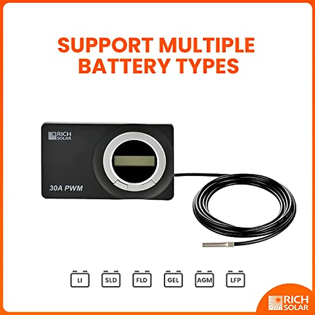 RICH SOLAR 30A 12V/24V PWM Flush Mount Solar Charge Controller w/LCD Display