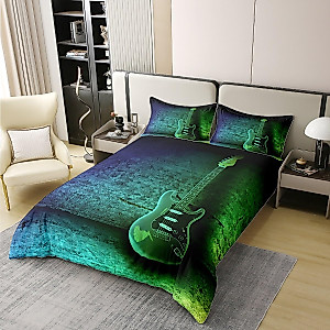 jejeloiu Guitar Duvet Cover 100% Cotton Queen Size Music Themed Guitar Bedding 100% Cotton Set Guitar Instruments Print Comforter Cover Ultra Soft Decor Musical Pattern Bedspread Cover Zipper