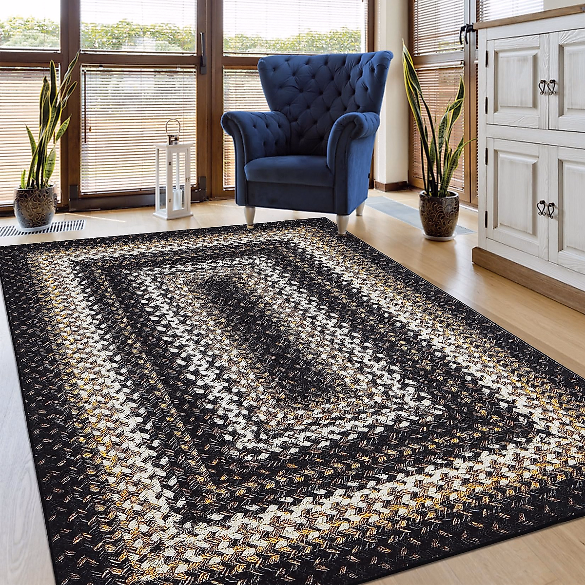 ROYHOME Boho Rug 4x6 Bedroom Area Rug Braided Print Area Rug Modern Geometric Area Rug Fsrmhouse Aesthetic Carpet Distressed Throw Rugs for Living Room Bedroom Kitchen Nursery Office, Black