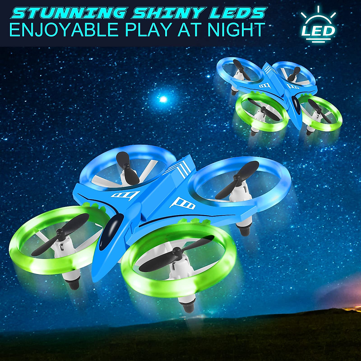 AUBNICO Drones for Kids, RC Drone with LED Night Lights One Key Take Off Landing Flips - Altitude Hold, Auto Rotating, 3D Flip, Headless Mode, Indoor Quadcopter Gift Toys for Boys Girls (Blue)