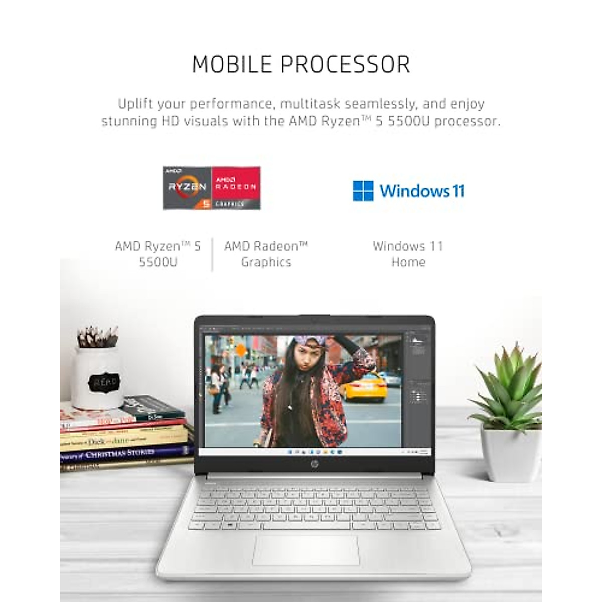 HP 14 Laptop, AMD Ryzen 5 5500U, 8 GB RAM, 256 GB SSD Storage, 14-inch Full HD Display, Windows 11 Home, Thin & Portable, Micro-Edge & Anti-Glare Screen, Long Battery Life (14-fq1025nr) (Renewed)