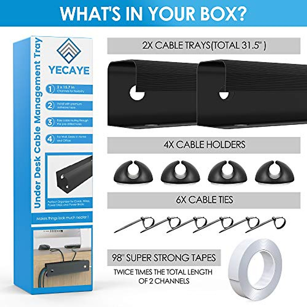 Yecaye 2 Pack Under Desk Cable Management Tray, 31.5in Desk Cord Organizer for Wire Management Tray, Perfect for Standing Desk Cable Tray, No Screw No Drill Cable Raceway for Office, Home, Black