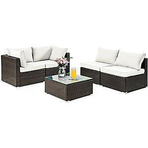 DORTALA 5 Pieces Patio Furniture Set, Outdoor Rattan L-Shaped Corner Sofa Set with Cushions, Coffee Table, Patio Sectional Conversation Set for Backyard Porch Garden Poolside, White