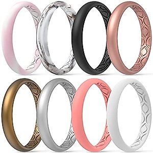 ThunderFit Silicone Wedding Rings for Women, Breathable Air Grooves Engagement Bands 3mm Wide 1.5mm Thick - 1/4/8/12 Variety Multipack (Pack W - Size 6.5-7 (17.35mm))