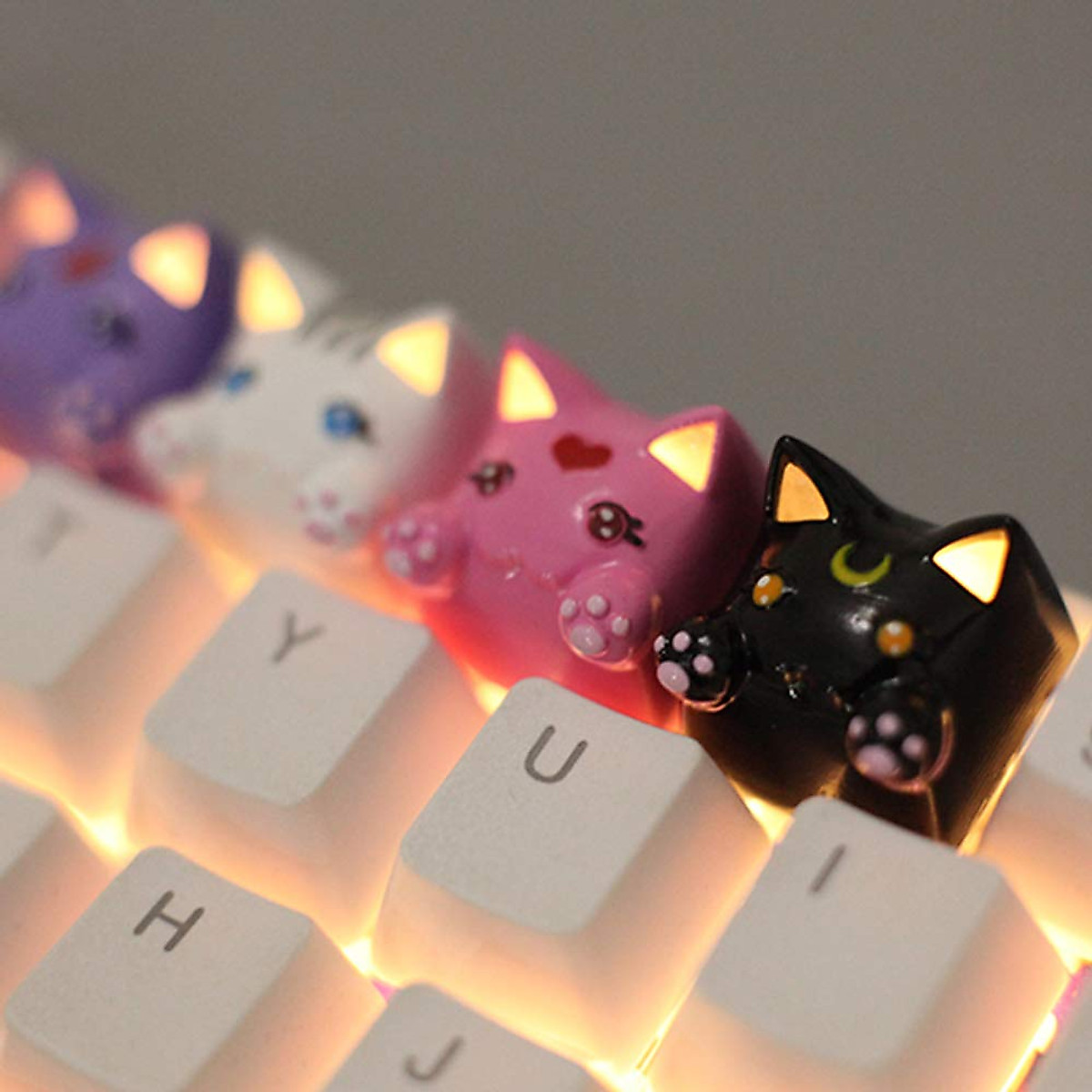 HFSECURITY 3D Resin White Purple Pink Black Cute Cartoon Cat Design Backlit Keycaps for Cherry Mx Switch Mechanical Gaming Keyboard (Blackcatkeycap)