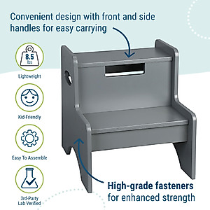 Wildkin Wooden Two-Step Stool for Kids and Adults, Perfect Kitchen Step Stool or Bathroom Potty Stool, Kids Stepping Stool Features Two Convenient Carrying Handles, Ideal for Home Use (Gray)