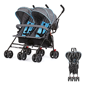 Dream On Me Volgo Twin Umbrella Stroller in Blue, Lightweight Double Stroller for Infant & Toddler, Compact Easy Fold, Large Storage Basket, Large and Adjustable Canopy