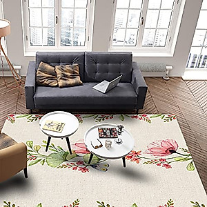 Indoor Area Rug, Red Teal Spring Floral Non Slip Carpet Pad Bathroom Mat, Rustic Summer Flowers Burlap Kitchen Runner Area Rug for Bedroom/Living Room/Kids Room 5'x7'