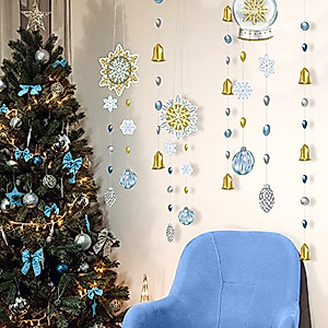 6 pcs Gold Blue White Snowflake Garland for Christmas Decorations Winter Wonderland Birthday Banner Hanging Snow Flake Decor Frozen Backdrop Streamer for Wedding Bridal Baby Shower Party Supplies