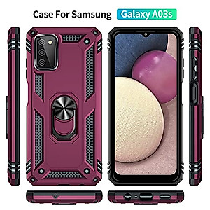 YmhxcY Galaxy A03S Case with Military-Grade Explosion-Proof Screen Protector【2 Pack】, Magnetic Car Mount Ring Holder Stand Cover for Samsung Galaxy A03S (6.5 Inch)-AA Wine Red
