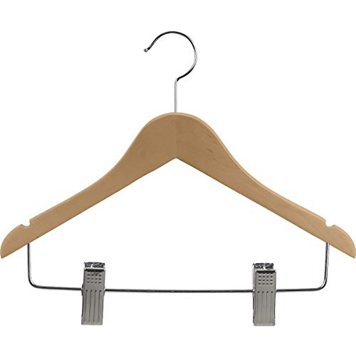 Wooden Junior Combo Hanger with Adjustable Cushion Clips, Box of 24 Flat 14 inch Hangers with Natural Finish, Notches and Chrome Swivel Hook by The Great American Hanger Company