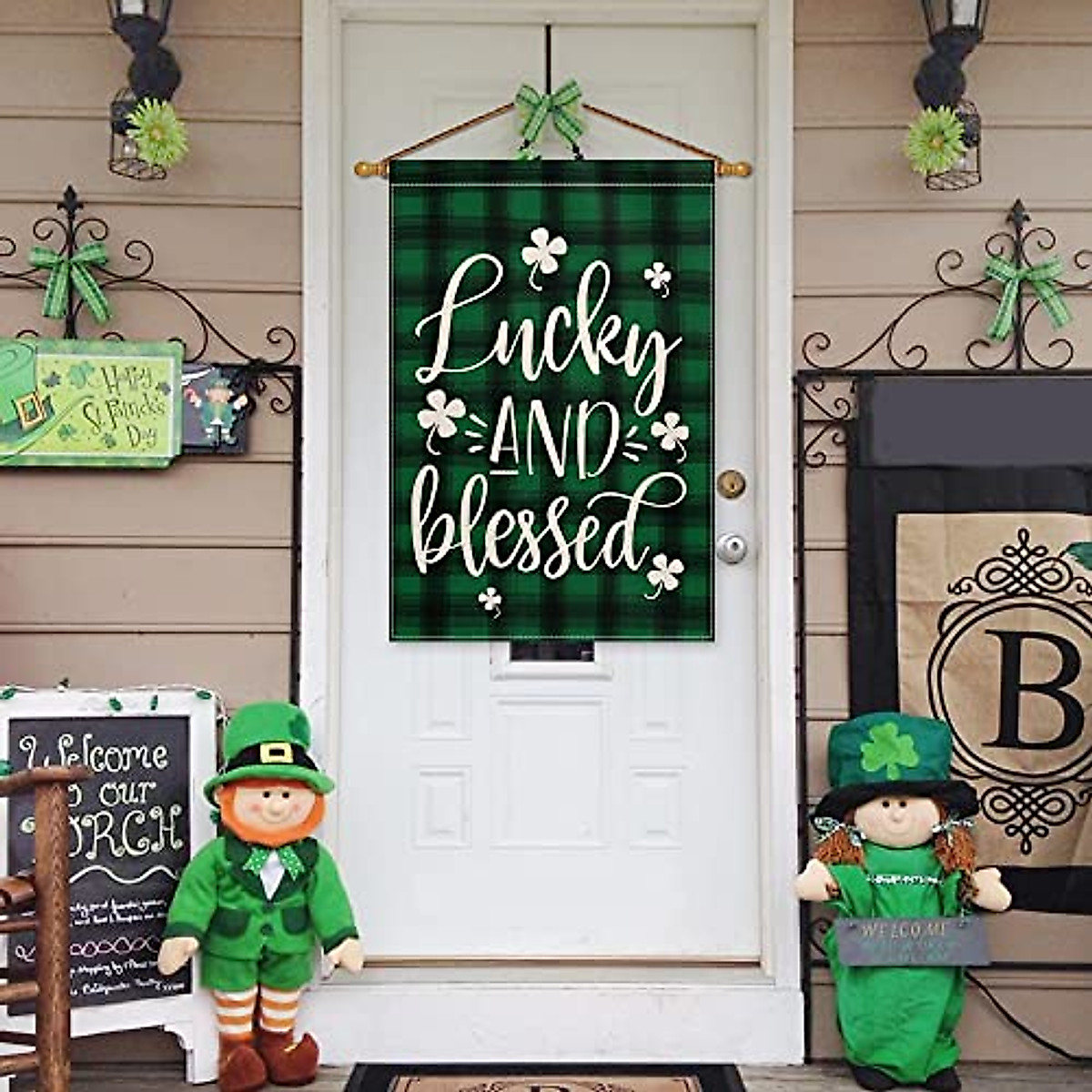 AVOIN colorlife Lucky and Blessed Watercolor Buffalo Plaid Shamrock House Flag Double Sided, St Patricks Day Yard Outdoor Flag 28 x 40 Inch