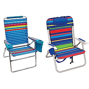 Rio Gear Beach 17" Extended Height 4-Position Folding Beach Chair -Polyester & Rio Beach Big Boy 4-Position 13" High Seat Backpack Beach or Camping Folding Chair, Pop Surf Stripes