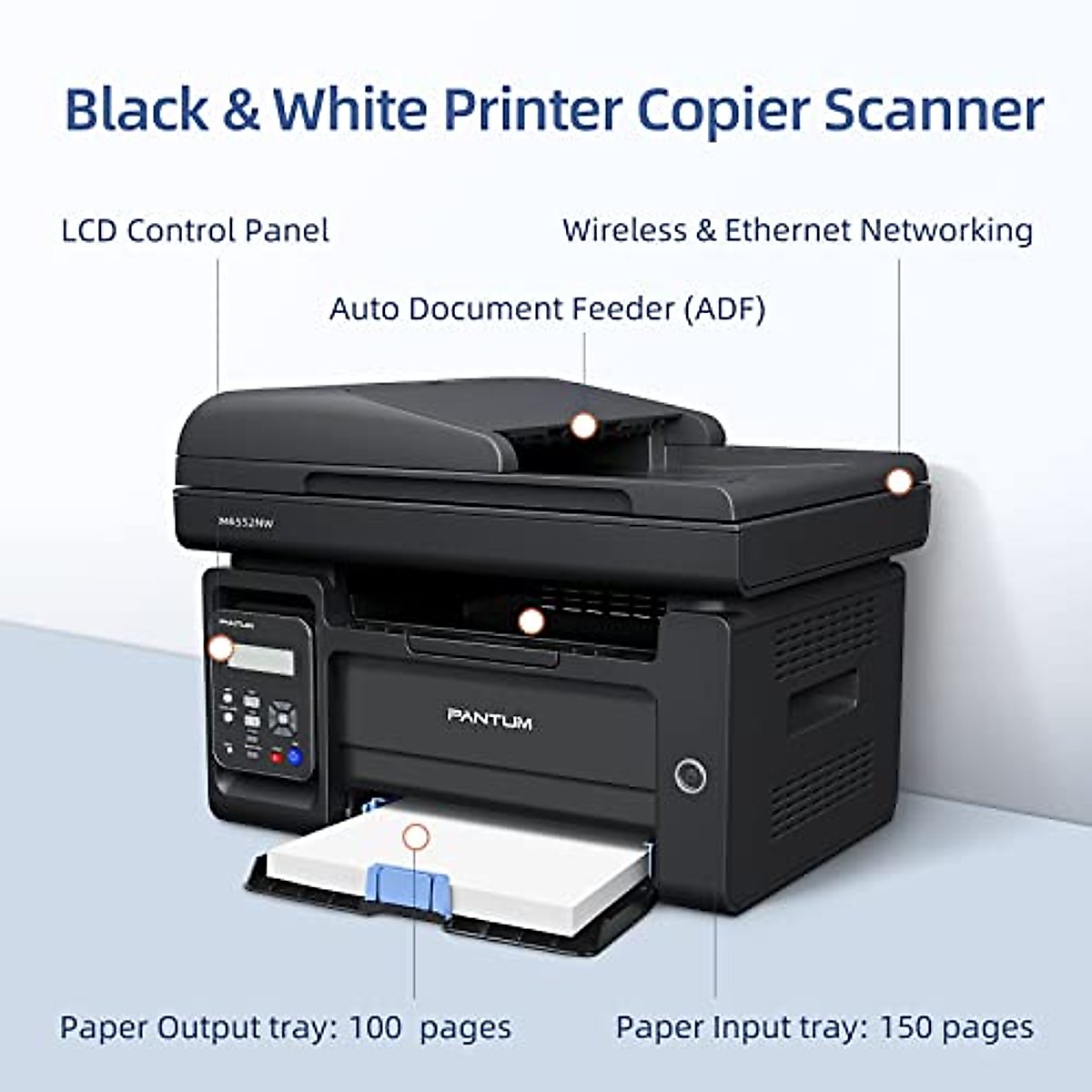 Pantum M6552NW All in One Laser Printer Scanner Copier Wireless Monochrome Black and White Printer Home Office - Print Copy Scan, Speed Up to 23 ppm, 50-Sheet ADF, 150 Large Paper Capacity