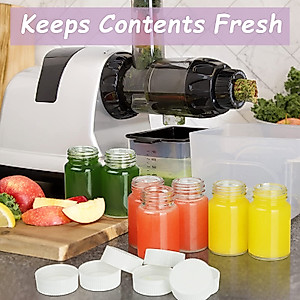 Syntic 8 Pack 2.5 Oz Wide Mouth Juice Shot Bottles with 8 Sealed Press Screw Caps & 4 Airtight Lids! Small Glass Ginger Shot Bottles for Oil, Ginger, Travel Bottle, Reusable and Dishwasher Safe