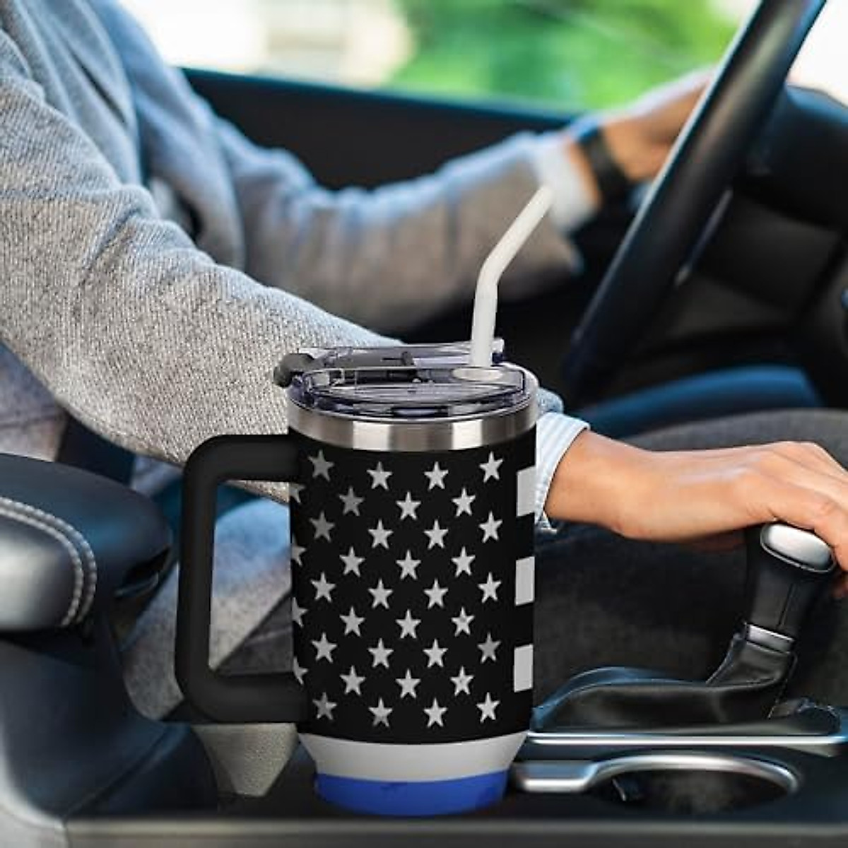 Large Capacity Stainless Steel Cup, Funny American Thin Blue Line Flag Police Pattern Black Handle Insulated Tumbler with Lid and Straw, 40 oz Water Bottle for Meeting, Travel