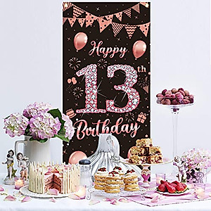 Lnlofen 13th Birthday Door Banner Decorations for Girls, Large 13 Year Old Birthday Party Door Cover Backdrop Supplies, Rose Gold Happy 13th Birthday Poster Sign