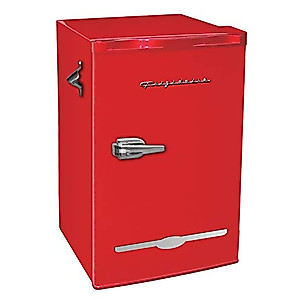 Frigidaire Retro Bar Fridge Refrigerator with Side Bottle Opener, 3.2 cu. ft, Red & Galanz GLCMKZ09RDR09 Retro Countertop Microwave Oven with Auto Cook & Reheat, Defrost, 0.9 cu ft, Red