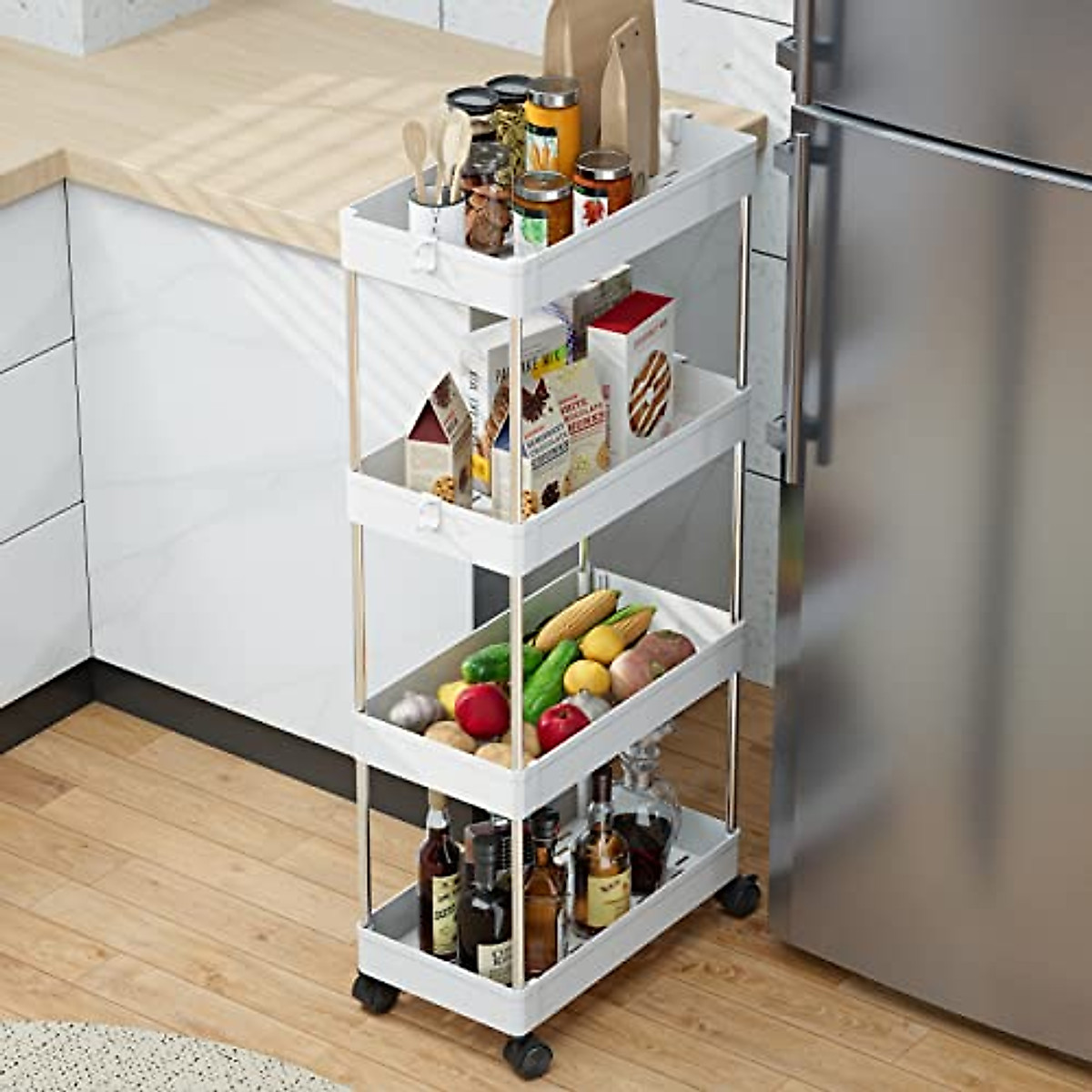 OTK Storage Cart 4 Tier Mobile Shelving Unit Organizer, Utility Rolling Shelf Cart with Wheels for Bathroom Kitchen Bedroom Office Laundry Narrow Places, White