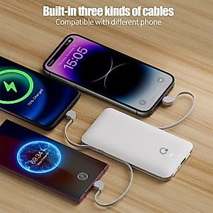 10000mAh Portable Charger, Q Slim USB C Power Bank, 4 Output 2 Input External Battery Pack with Built-in Cabels AC Wall Plug, Compatible with iPhone Samsung etc