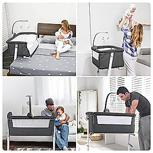 Baby Bassinet, Yacul Bedside Crib Sleeper with Wheels and Music Box, Height Adjustable fit for Bed Height 19" - 26.5", Portable, Dark Gray