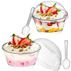 Foraineam 100 Pack 5 oz. Thick Plastic Dessert Cups with 100 Lids and 100 Spoons, Mini Clear Ice Cream Bowl Parfait Party Cups, Reusable Snack Serving Bowls for Desserts, Appetizers, Puddings, Fruits