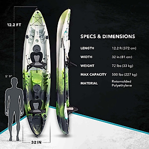 DRIFTSUN Teton 120 Hard Shell Kayak, 2 or 3 Person Sit On Top Fishing Kayak with 2 EVA Padded Seats, Includes 2 Aluminum Paddles and Fishing Rod Holder Mounts