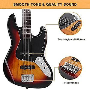 GLARRY 4 String GJazz Electric Bass Guitar Full Size Right Handed with Guitar Bag, Amp Cord and Beginner Kits (Sunset)
