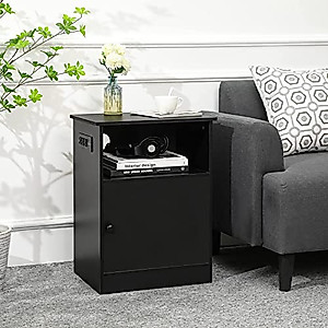 EPHEX Set of 2 End Table with USB Ports & Power Outlets, Black Nightstand with Charging Station, Side Table with Storage Cabinet for Home Office