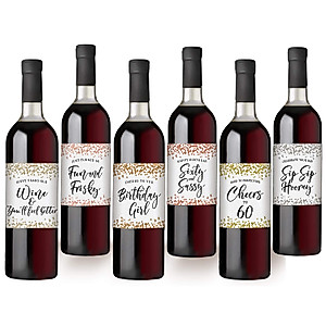 Printed Party 60th Birthday Wine Bottle Labels, Confetti, Set of 6