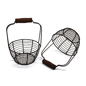 CVHOMEDECO. Metal Wire Mini Egg Baskets Rust Gathering Baskets with Wooden Handle Country Vintage Style Storage Baskets. Set of 2