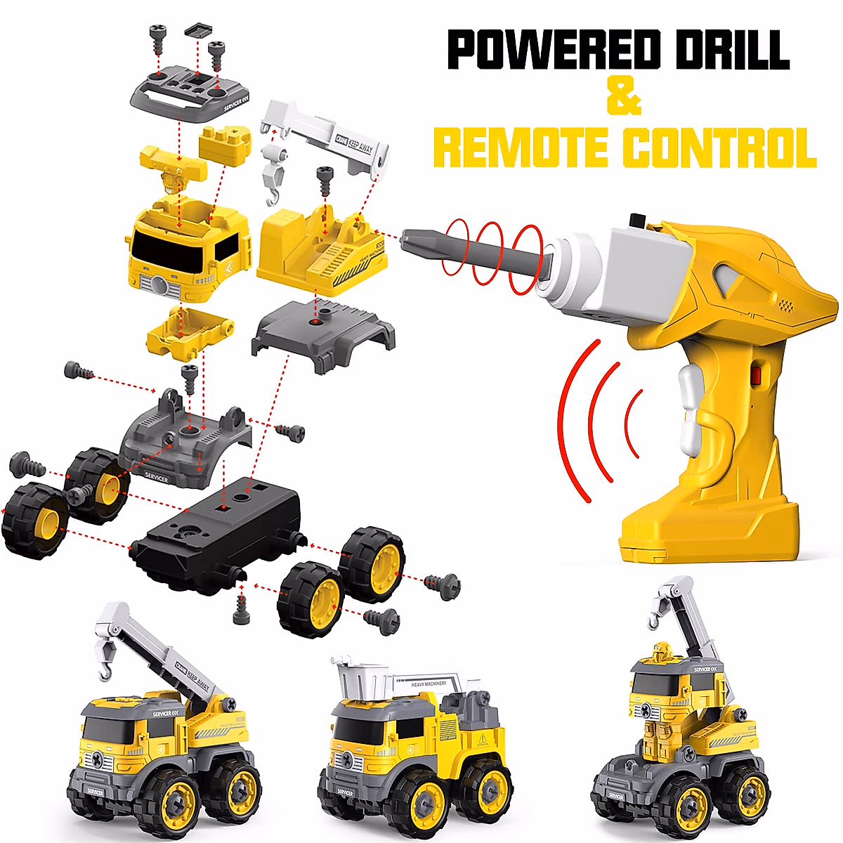 Take Apart Toys with Electric Drill with Remote Control Function 6 in 1 Take Apart Construction Toys Trucks Toy Drills, Gift Toys for 3,4,5,6,7, 8 Year Old Boys Girls Kids